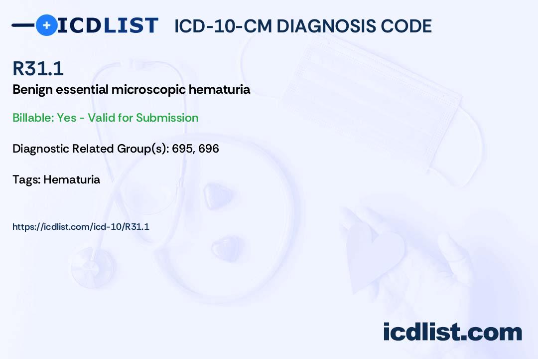 ICD 10 CM Diagnosis Code R31 1 Benign Essential Microscopic Hematuria ICD 10 CM Diagnosis Code R31 1 Benign Essential Microscopic Hematuria
