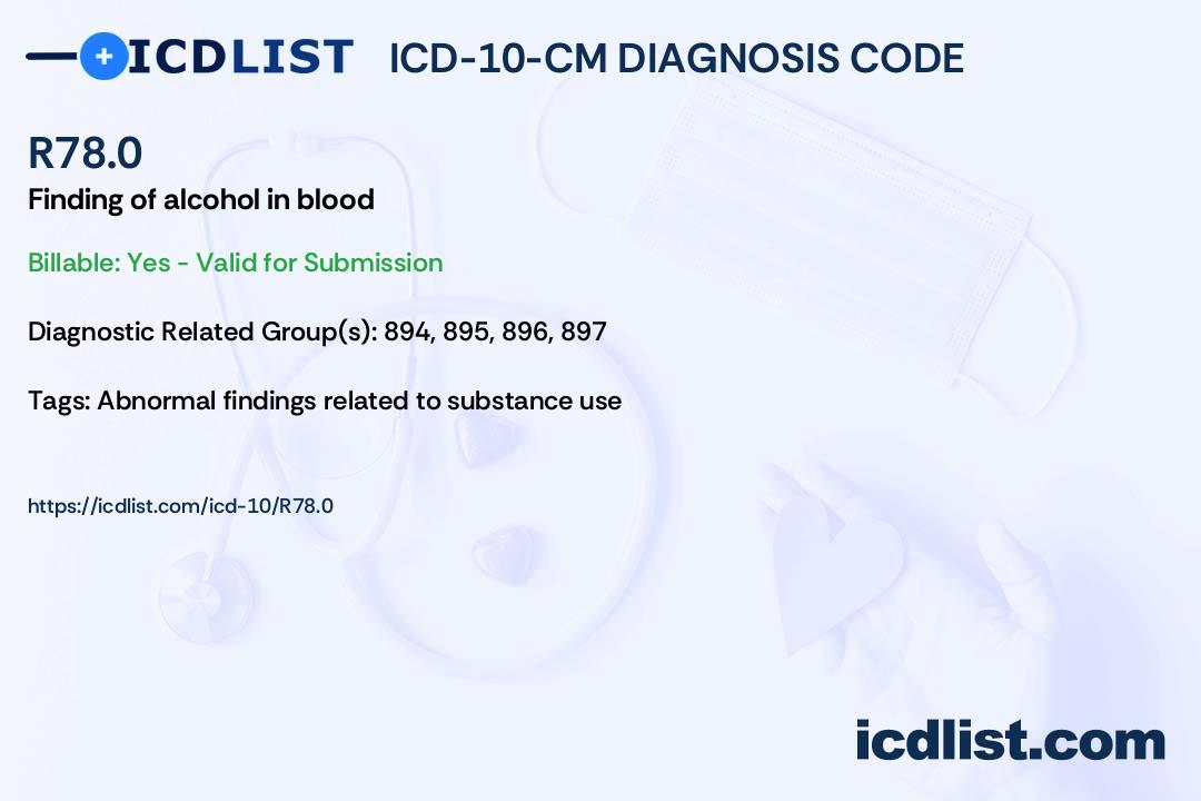 ICD-10-CM Diagnosis Code R78.0 - Finding of alcohol in blood