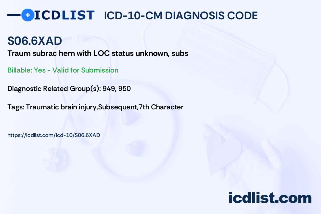 ICD-10-CM Diagnosis Code S06.6XAD - Traumatic subarachnoid hemorrhage ...
