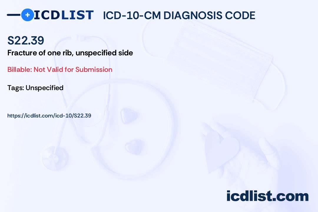 ICD-10-CM Diagnosis Code S22.39 - Fracture of one rib, unspecified side