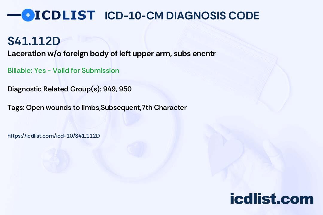 ICD-10-CM Diagnosis Code S41.112D - Laceration without foreign body of ...
