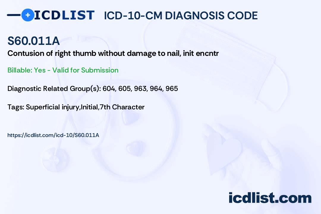 ICD-10-CM Diagnosis Code S60.011A - Contusion of right thumb without ...
