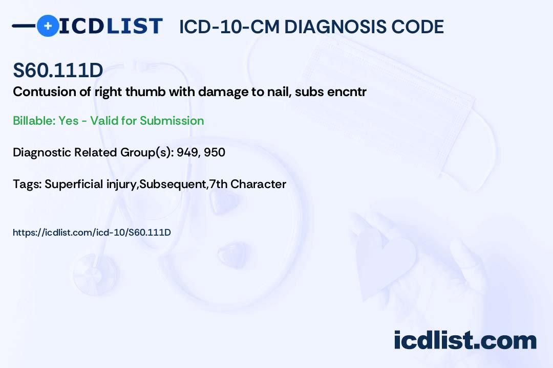 ICD-10-CM Diagnosis Code S60.111D - Contusion of right thumb with ...