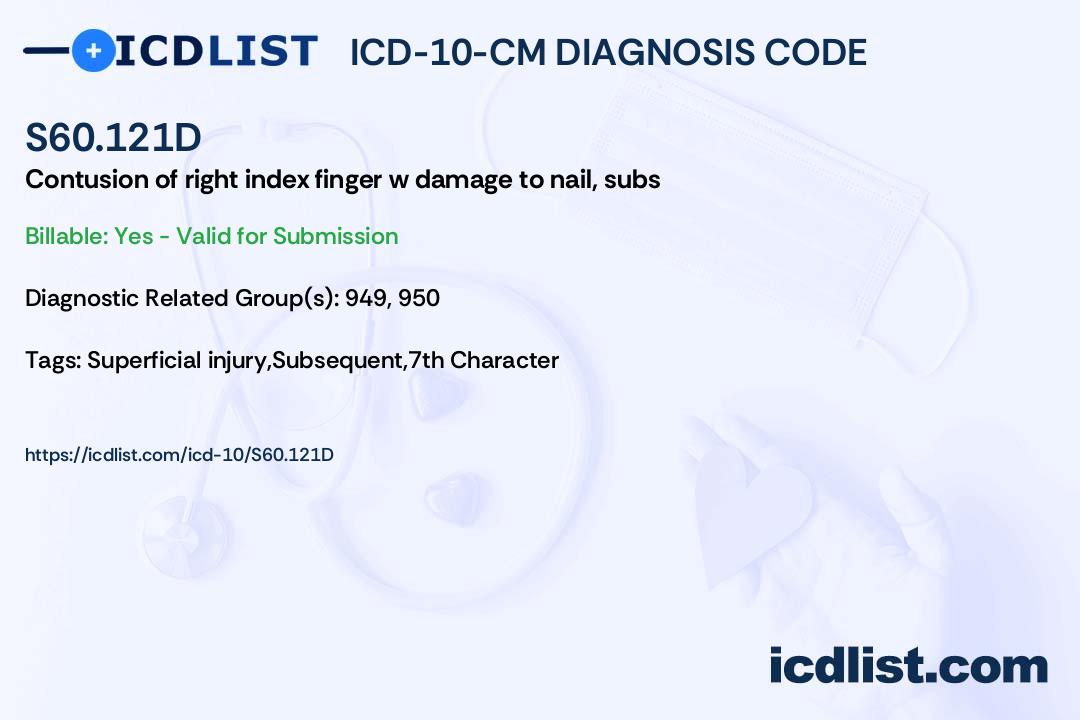 ICD-10-CM Diagnosis Code S60.121D - Contusion of right index finger ...
