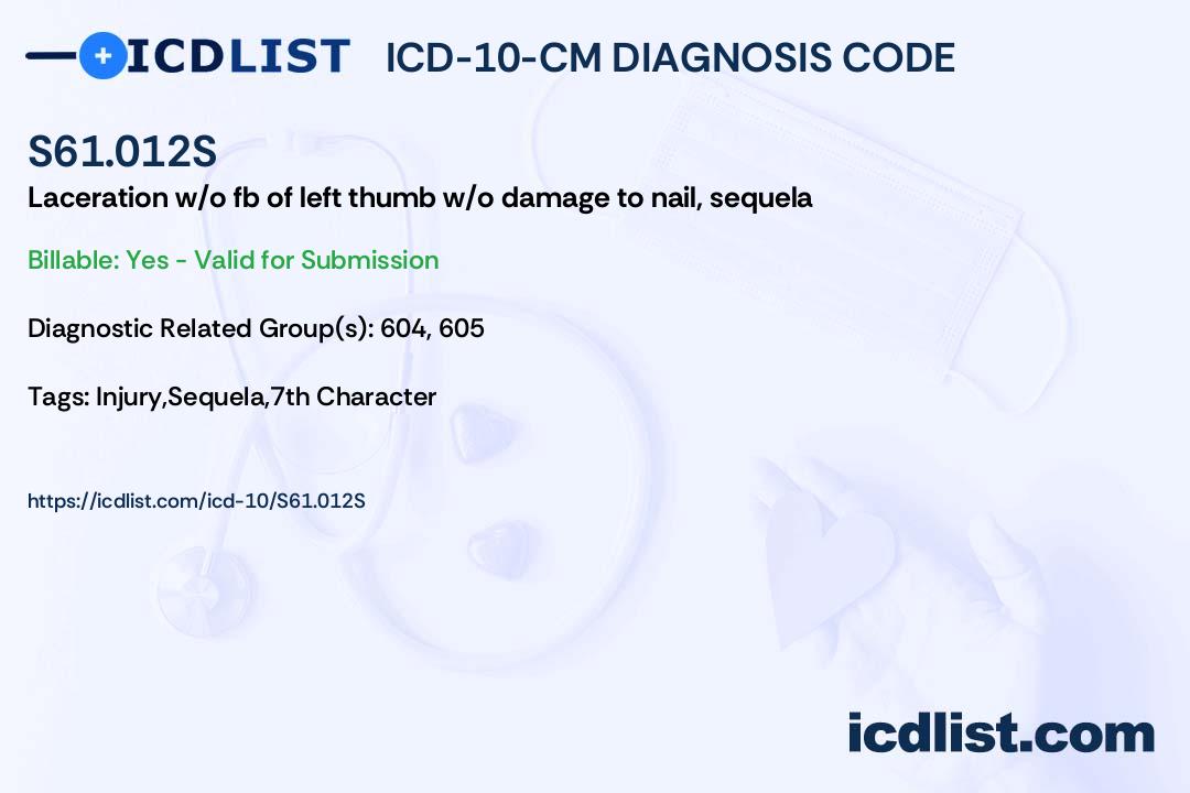 ICD-10-CM Diagnosis Code S61.012S - Laceration without foreign body of ...