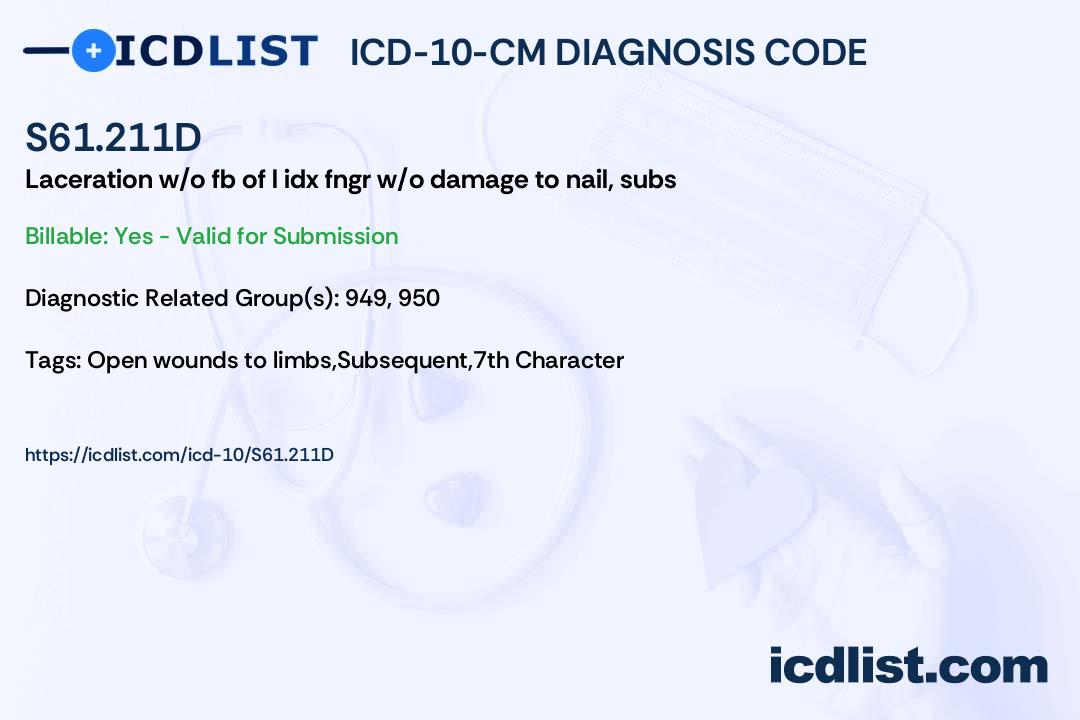 ICD-10-CM Diagnosis Code S61.211D - Laceration without foreign body of ...
