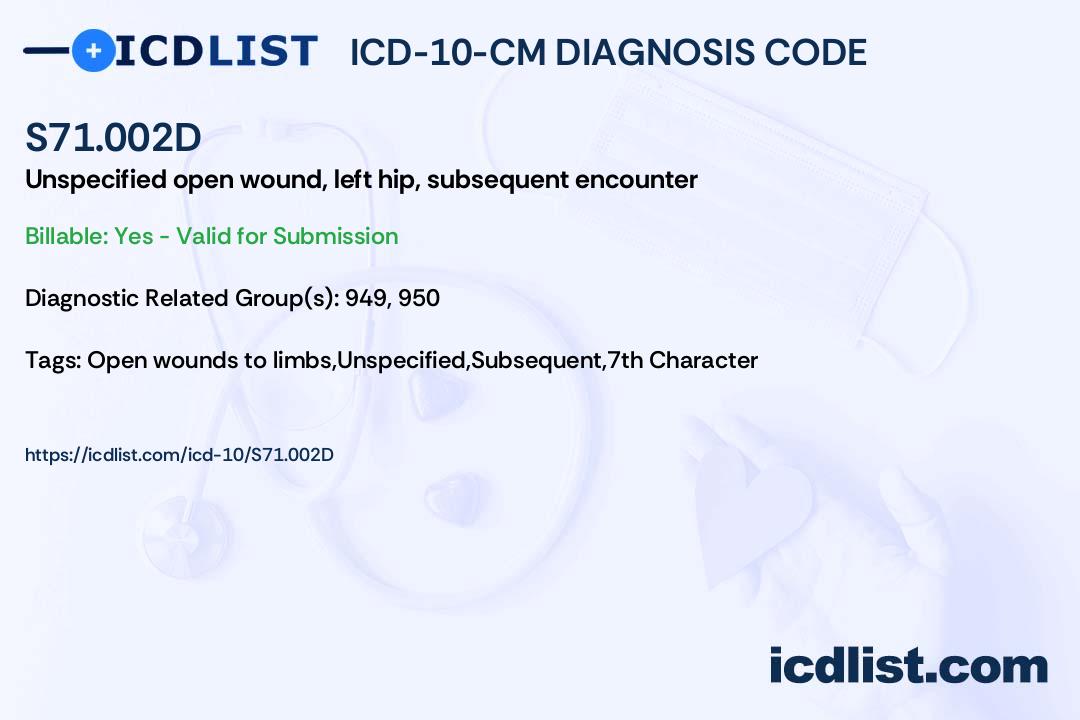 ICD-10-CM Diagnosis Code S71.002D - Unspecified open wound, left hip ...