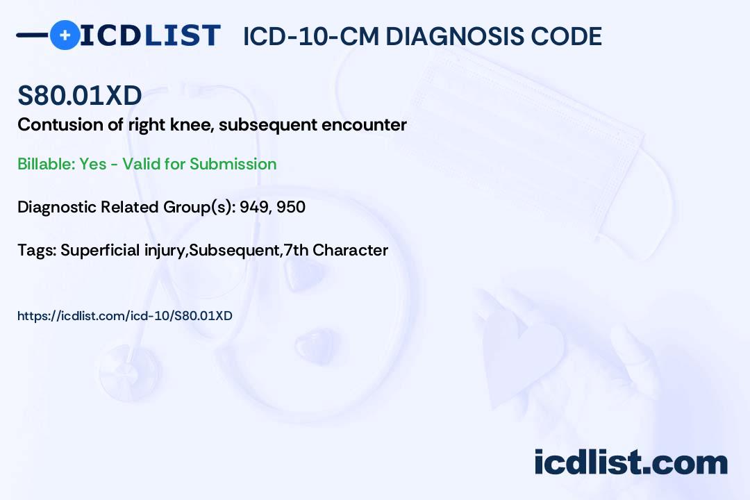 ICD-10-CM Diagnosis Code S80.01XD - Contusion of right knee, subsequent ...