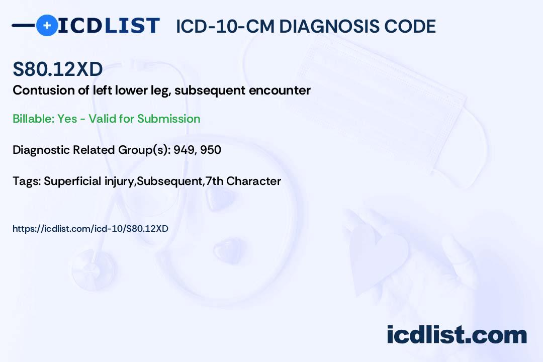 ICD-10-CM Diagnosis Code S80.12XD - Contusion of left lower leg ...