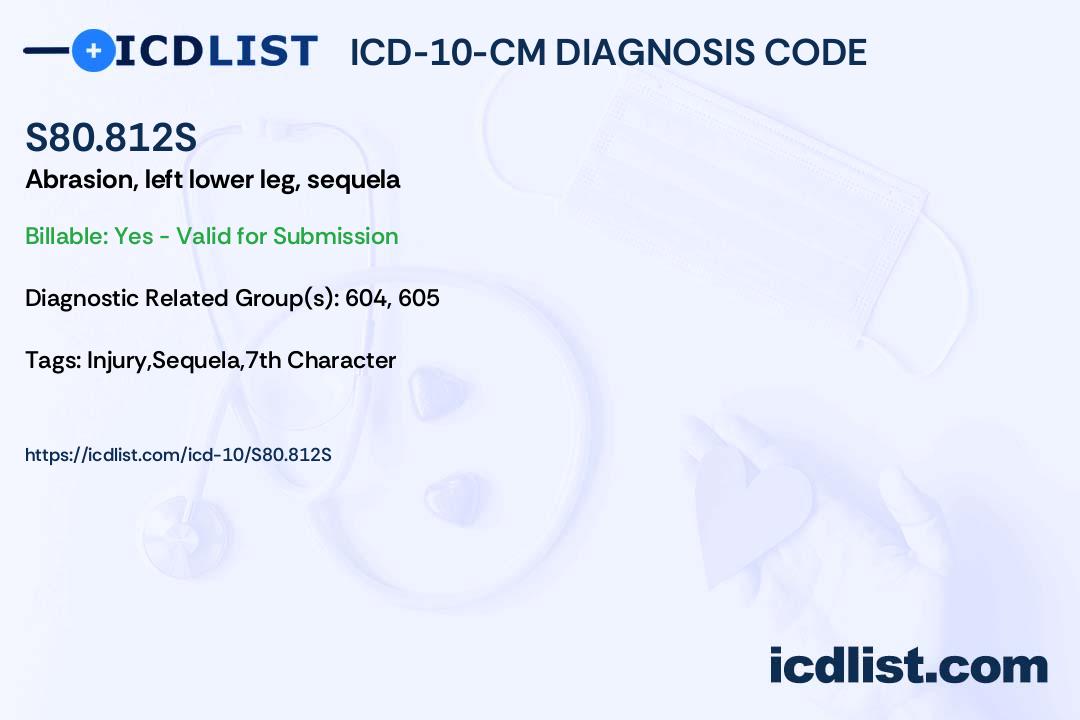 ICD-10-CM Diagnosis Code S80.812S - Abrasion, left lower leg, sequela
