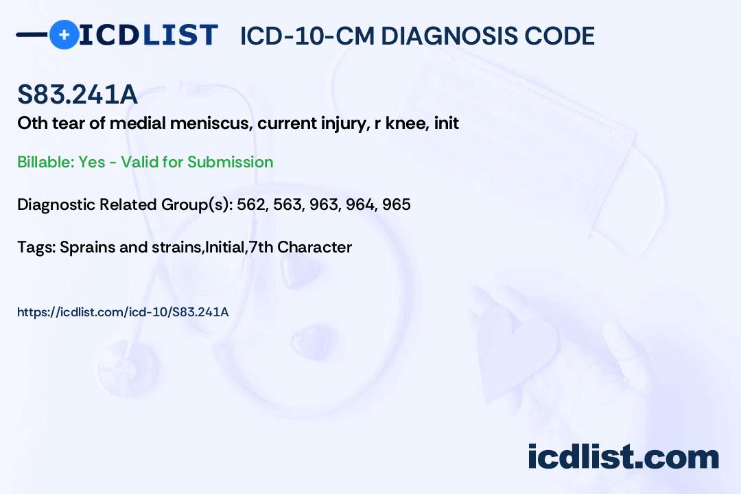 ICD 10 CM Diagnosis Code S83 241A Other Tear Of Medial Meniscus ICD 10 CM Diagnosis Code S83 241A Other Tear Of Medial Meniscus