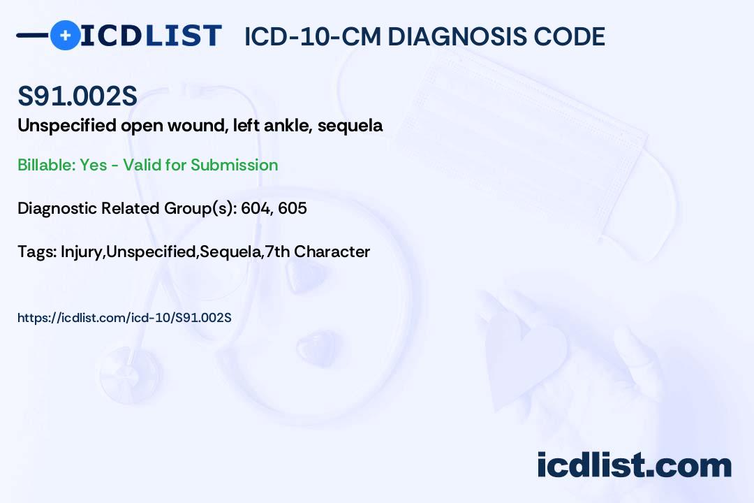 ICD-10-CM Diagnosis Code S91.002S - Unspecified open wound, left ankle ...