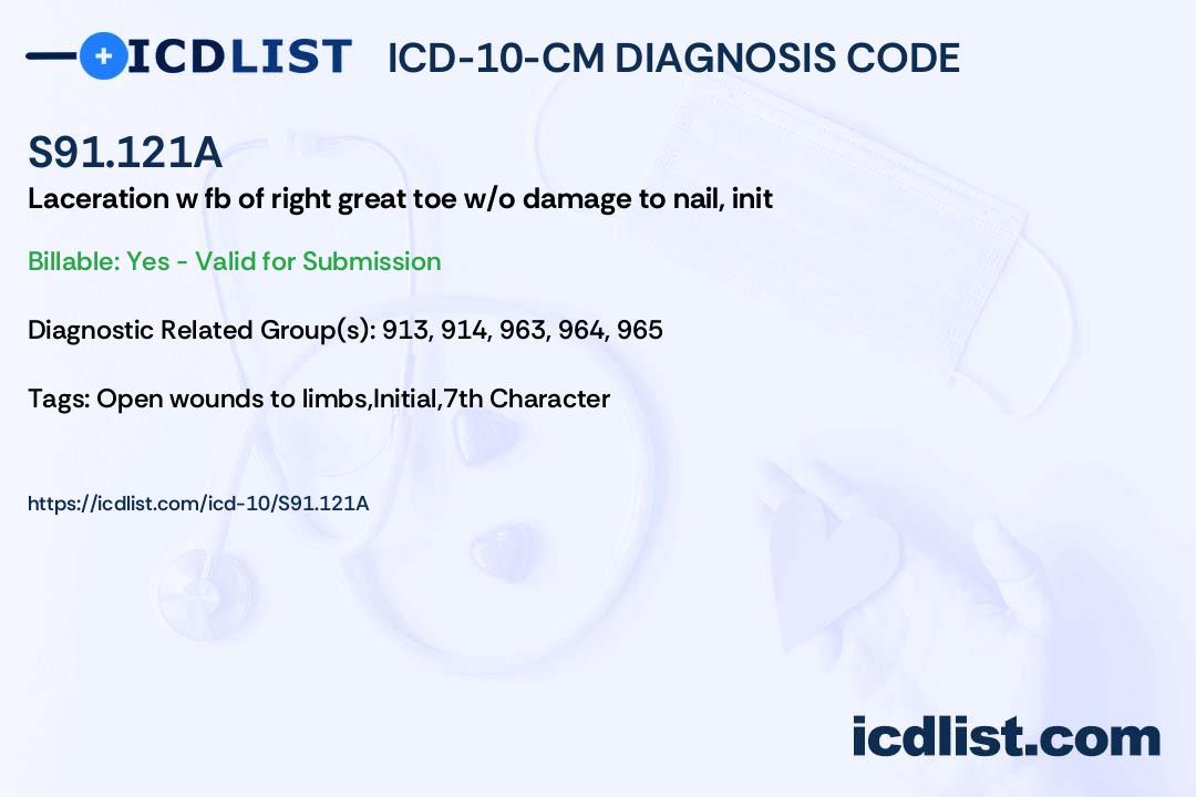 ICD-10-CM Diagnosis Code S91.121A - Laceration with foreign body of ...