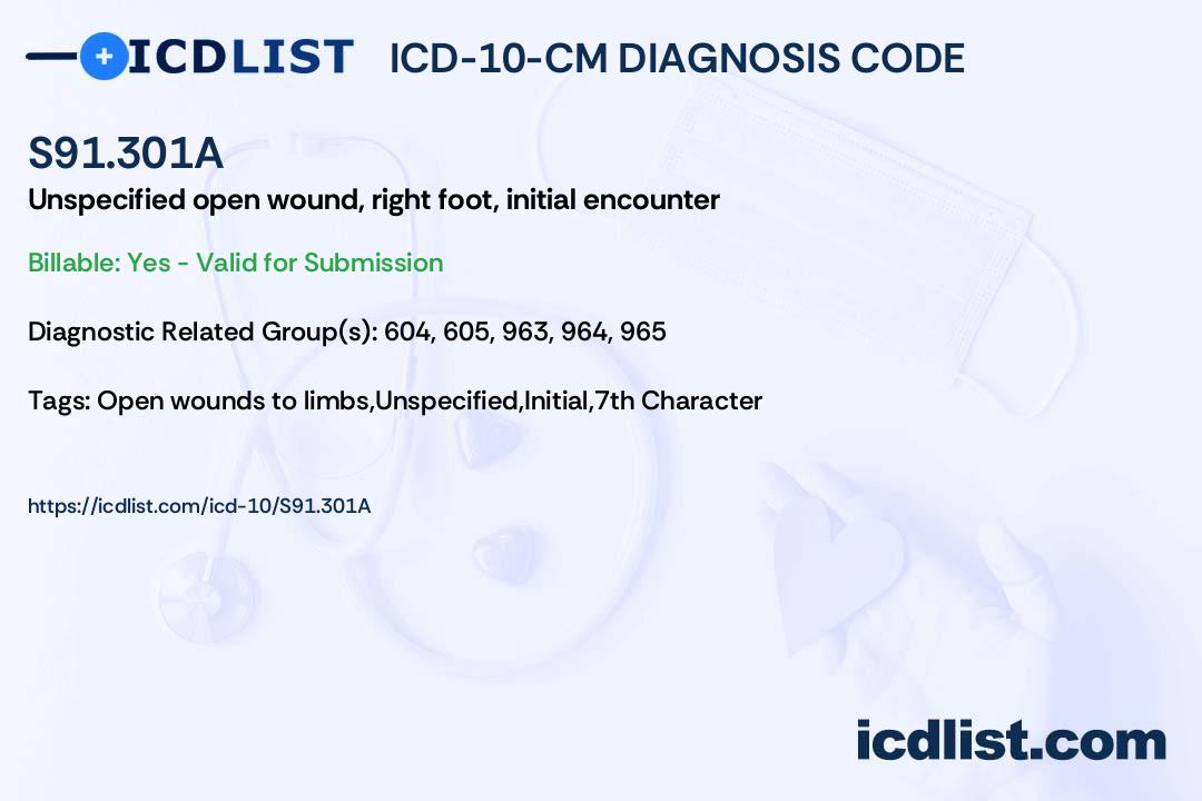 ICD-10-CM Diagnosis Code S91.301A - Unspecified open wound, right foot ...