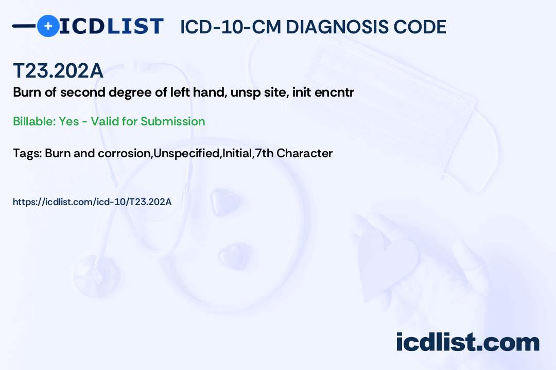 ICD-10-CM Diagnosis Code T23.202A - Burn of second degree of left hand ...