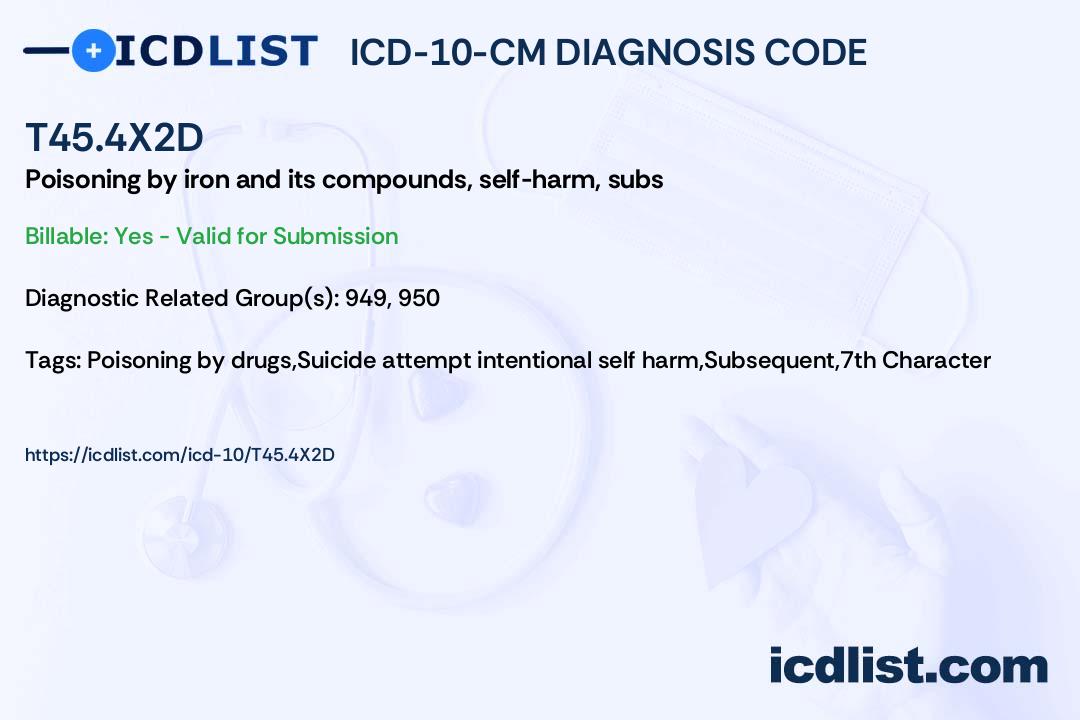 ICD-10-CM Diagnosis Code T45.4X2D - Poisoning by iron and its compounds ...