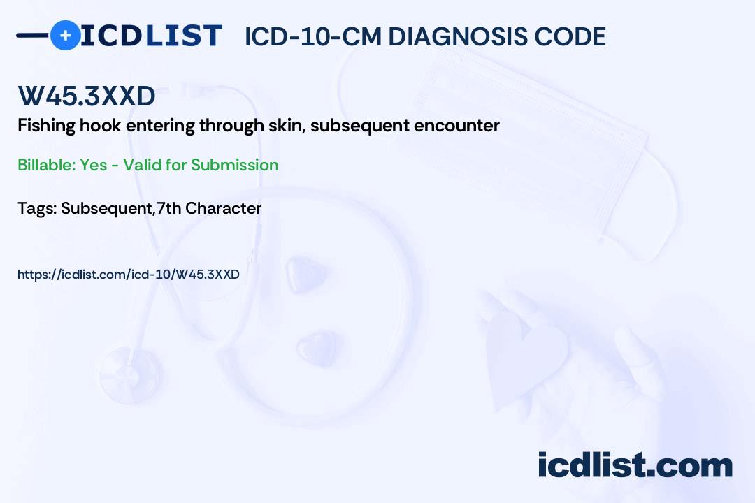 ICD-10-CM Diagnosis Code W45.3XXD - Fishing hook entering through skin ...