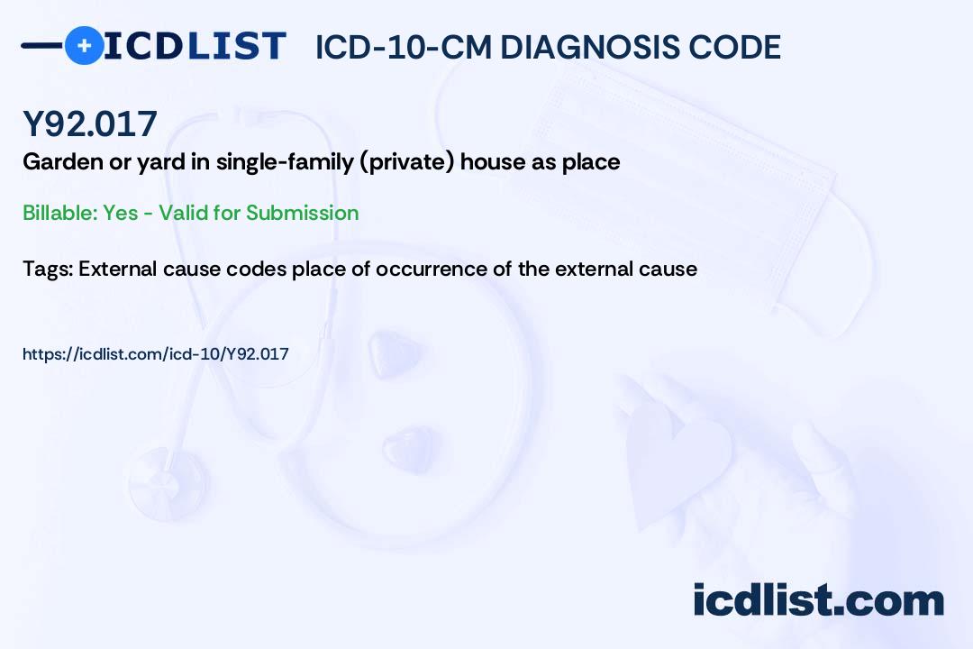ICD-10-CM Diagnosis Code Y92.017 - Garden or yard in single-family ...