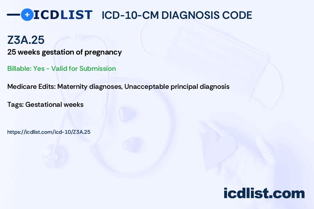 ICD-10-CM Diagnosis Code Z3A.25 - 25 weeks gestation of pregnancy