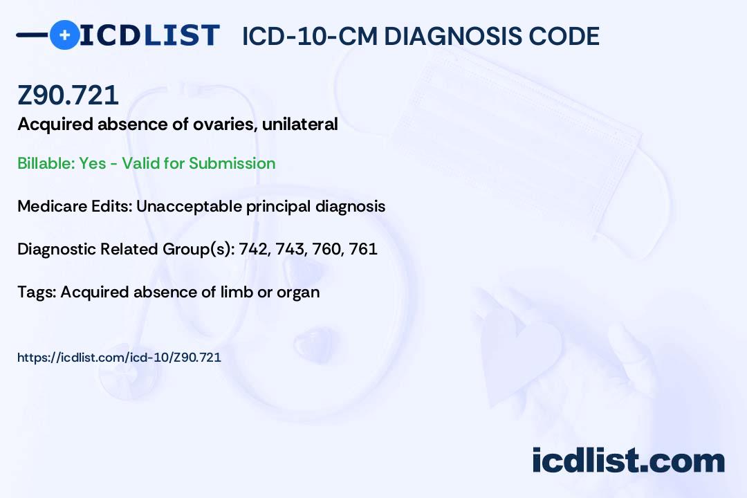 ICD-10-CM Diagnosis Code Z90.721 - Acquired absence of ovaries, unilateral