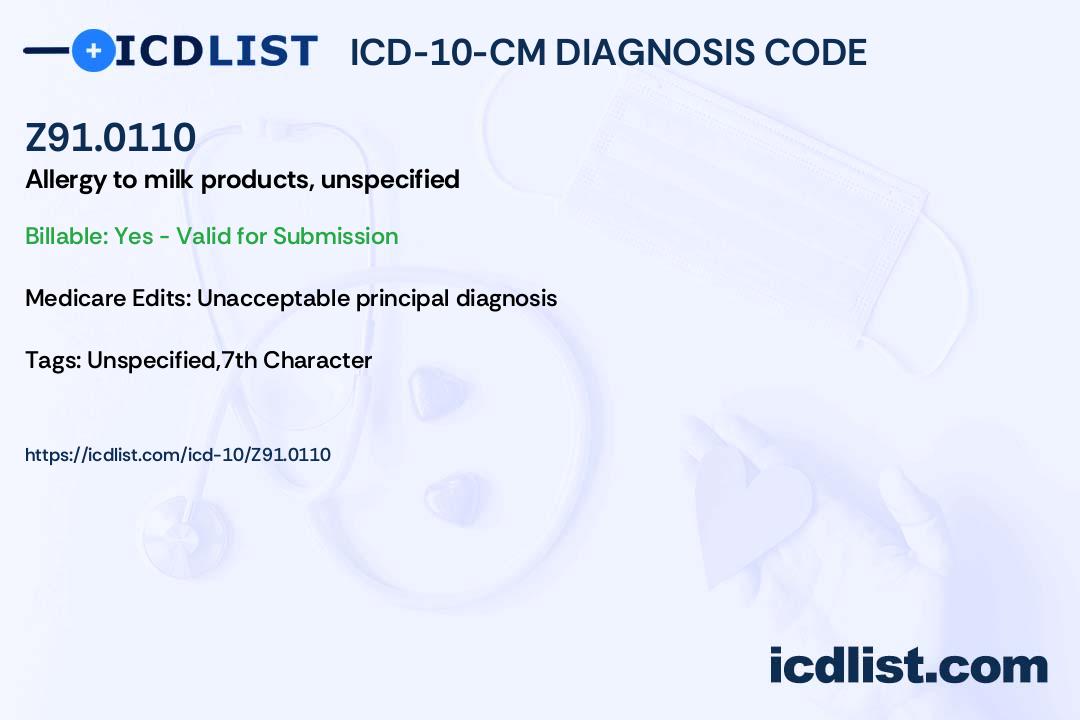 ICD-10-CM Diagnosis Code Z91.0110 - Allergy to milk products, unspecified