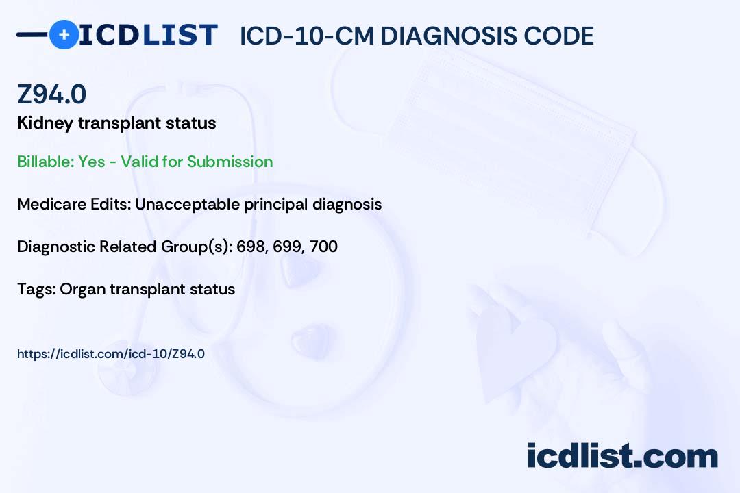 ICD 10 CM Diagnosis Code Z94 0 Kidney Transplant Status ICD 10 CM Diagnosis Code Z94 0 Kidney Transplant Status